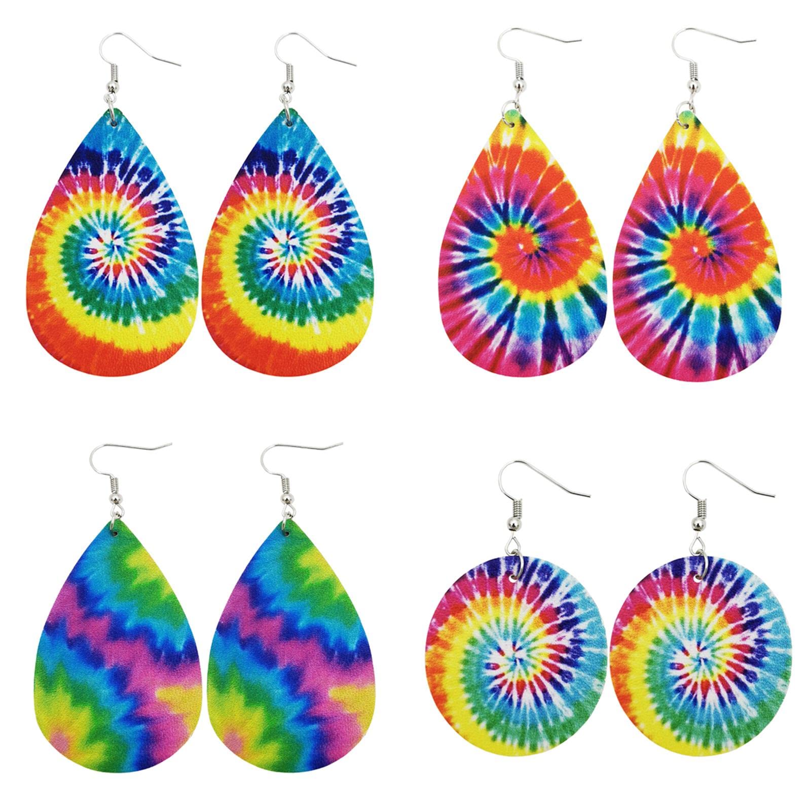 4 Pairs Colorful Tie Dye Double Printed Leather Dangle Earrings Set Lightweight Bohemian Teardrop Earrings for Women Jewelry(A)