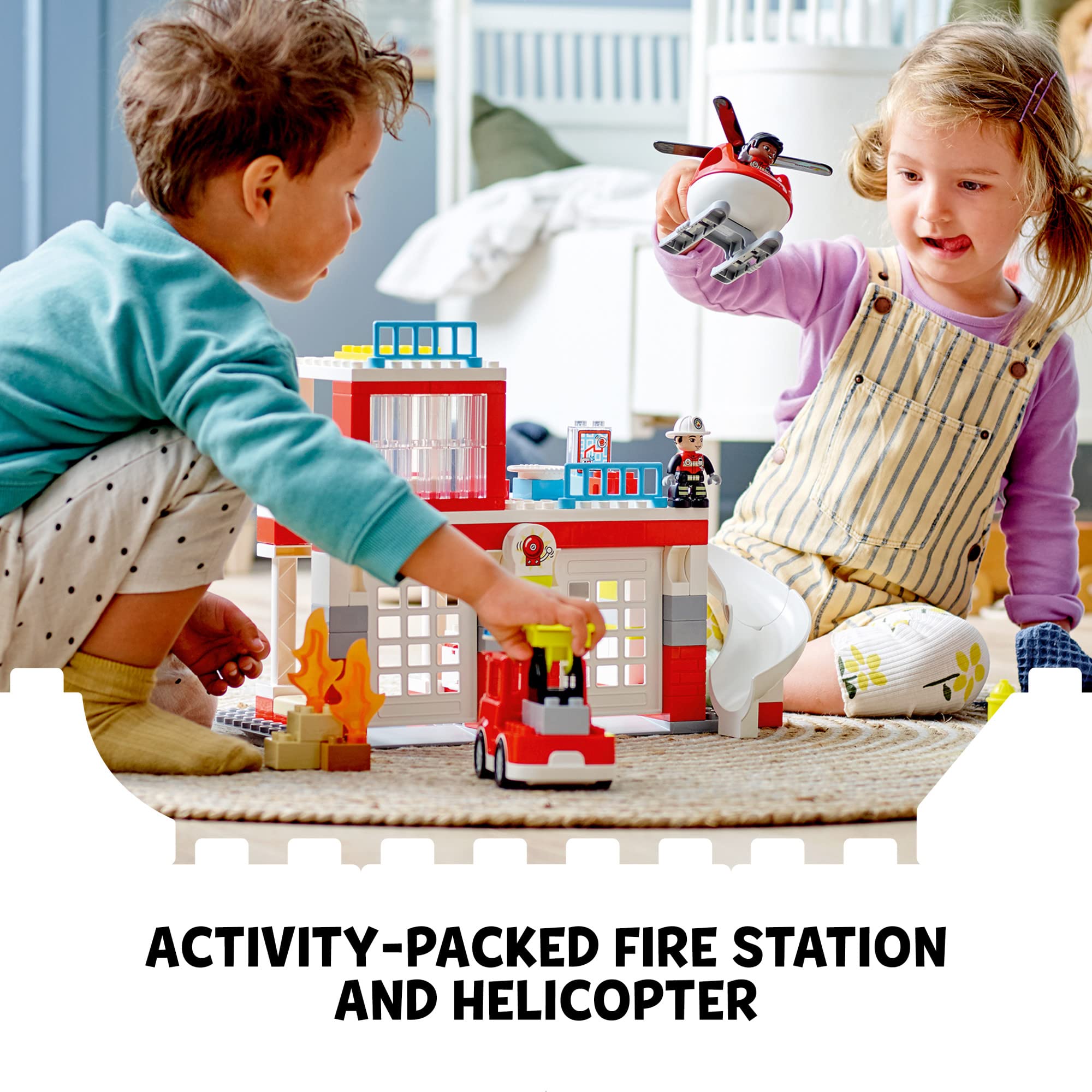 LEGO DUPLO Fire Station & Helicopter Playset 10970, with Push & Go Truck Toy for Toddlers, Boys and Girls 2 Plus Years Old, Large Bricks Educational Learning Toys