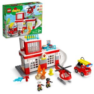 lego duplo fire station & helicopter playset 10970, with push & go truck toy for toddlers, boys and girls 2 plus years old, large bricks educational learning toys