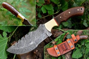 nooraki - 11 inch | custom handmade damascus tracker knife with brown micarta handle hunting knife, camping knife, bushcraft knife, survival knife - full tang fire pattern with sheath #332