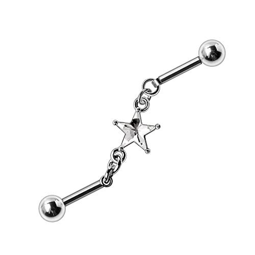 Pierced Owl 14GA 316L Stainless Steel CZ Crystal Star Connecting Chain Industrial Barbell