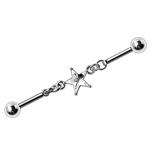 Pierced Owl 14GA 316L Stainless Steel CZ Crystal Star Connecting Chain Industrial Barbell