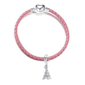 MZC Jewelry Eiffel Tower Love to Travel Charm for European Pandora Bracelets Pink Crystal Heart Dangle Bead for Women Mom Sister Family Holiday