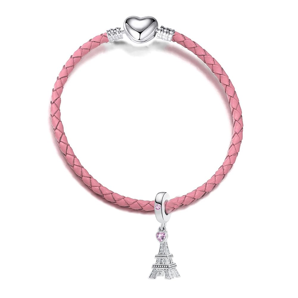 MZC Jewelry Eiffel Tower Love to Travel Charm for European Pandora Bracelets Pink Crystal Heart Dangle Bead for Women Mom Sister Family Holiday