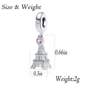 MZC Jewelry Eiffel Tower Love to Travel Charm for European Pandora Bracelets Pink Crystal Heart Dangle Bead for Women Mom Sister Family Holiday