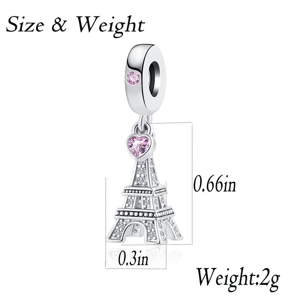 MZC Jewelry Eiffel Tower Love to Travel Charm for European Pandora Bracelets Pink Crystal Heart Dangle Bead for Women Mom Sister Family Holiday