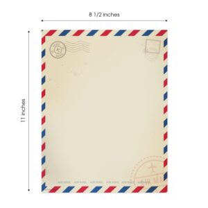 Vintage Air Mail Letterhead / 50 Sheets 8.5" x 11" Rustic Paper/Travel Themed Stationery/Red And Blue Striped Design