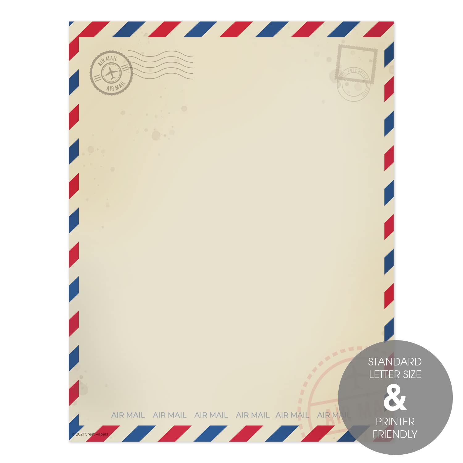 Vintage Air Mail Letterhead / 50 Sheets 8.5" x 11" Rustic Paper/Travel Themed Stationery/Red And Blue Striped Design