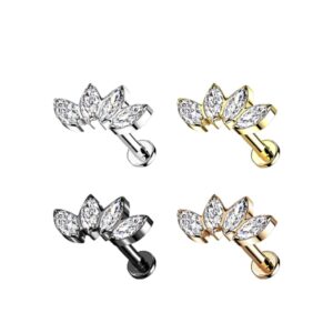 Pierced Owl 16GA G23 Implant Grade Titanium Four Marquise CZ Crystal Fan Internally Threaded Stud (Gold Tone)