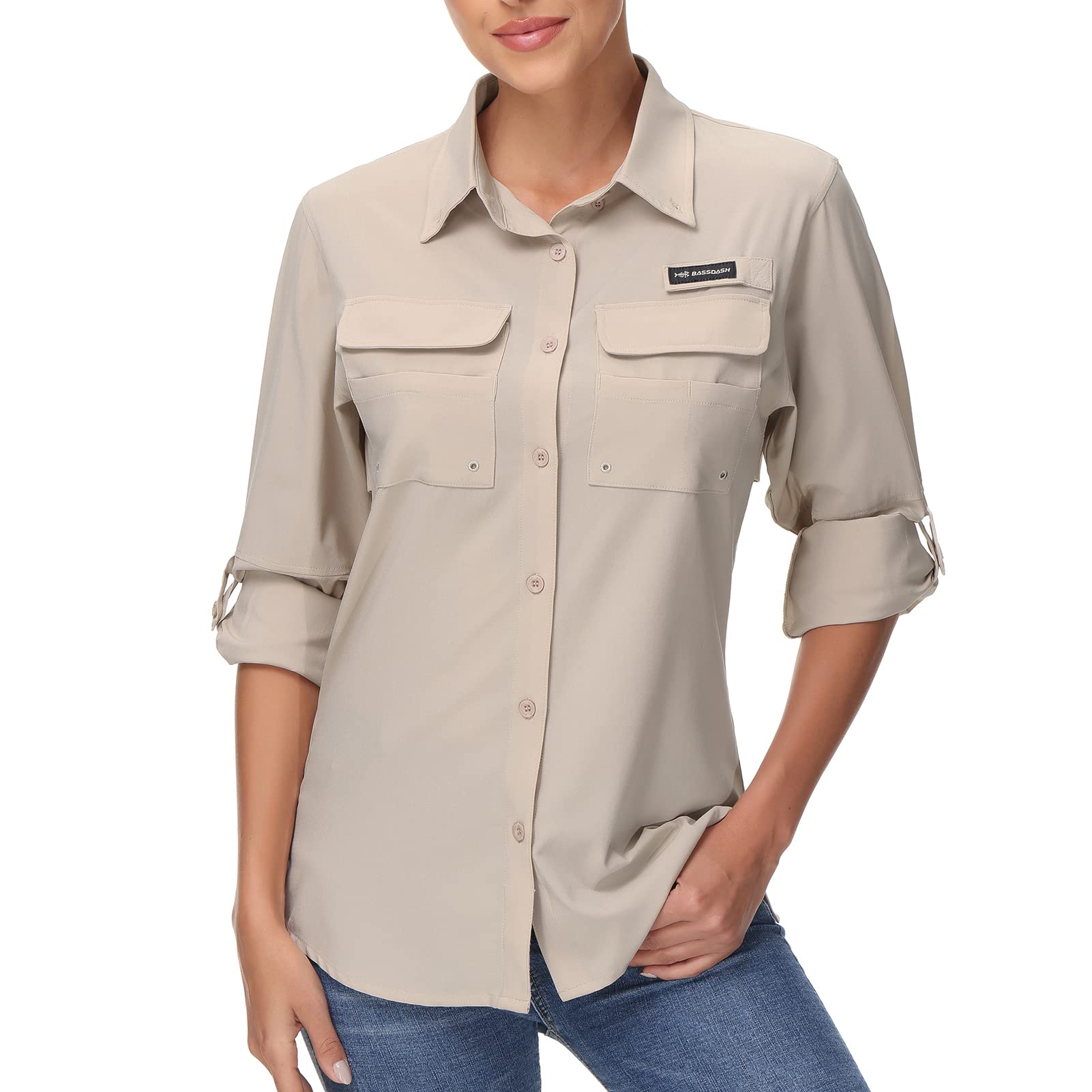 BASSDASH Women's UPF 50 Long Sleeve Fishing Hiking Button Down Shirt Performance Quick Dry FS21W Khaki