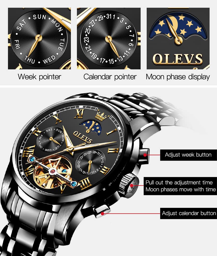 OLEVS Mens Automatic Watches Skeleton Mechanical Self Winding Luxury Fashion Dress Wrist Watch Luminous Waterproof