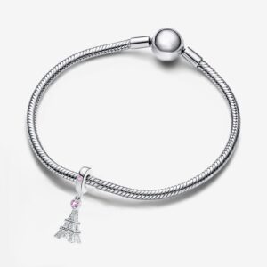 MZC Jewelry Eiffel Tower Love to Travel Charm for European Pandora Bracelets Pink Crystal Heart Dangle Bead for Women Mom Sister Family Holiday