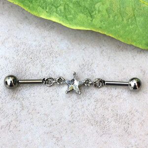 Pierced Owl 14GA 316L Stainless Steel CZ Crystal Star Connecting Chain Industrial Barbell