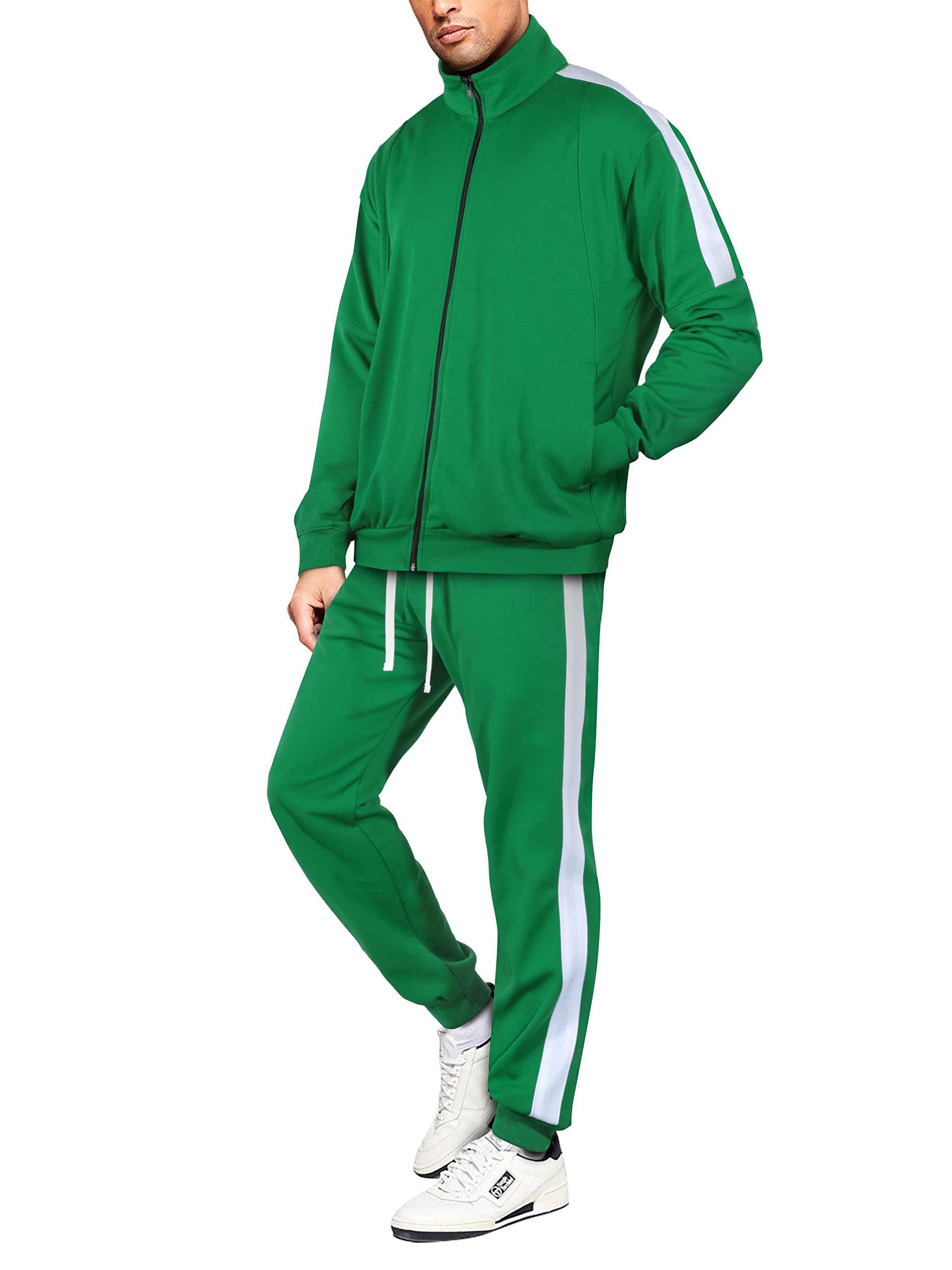 Hat and Beyond Mens Comfort Athletic USA Made Striped Athletic Casual Running Workout Sweat Suit Combo Oversized Tracksuit (Small, Kelly Green/White Set)