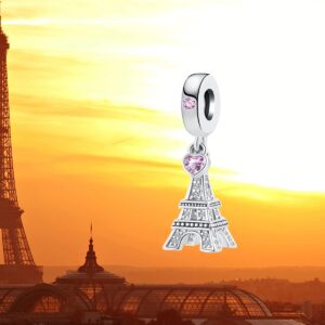 MZC Jewelry Eiffel Tower Love to Travel Charm for European Pandora Bracelets Pink Crystal Heart Dangle Bead for Women Mom Sister Family Holiday