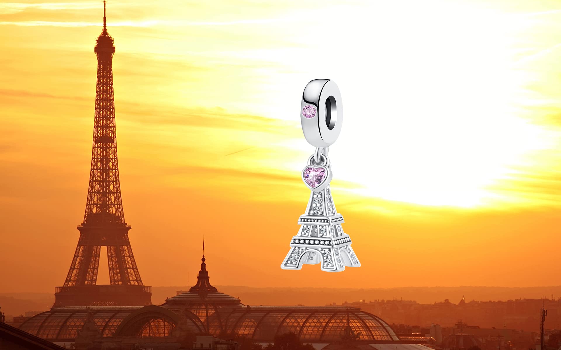 MZC Jewelry Eiffel Tower Love to Travel Charm for European Pandora Bracelets Pink Crystal Heart Dangle Bead for Women Mom Sister Family Holiday