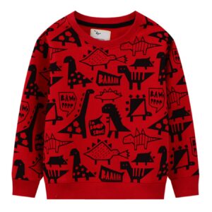 LOKTARC 2 Pack Toddler Boys Sweatshirts Patterned Long Sleeve Pullover Crewneck Tops Shirts Red Dinosaur + Grey Excavator 4-5 Years/Size 5T