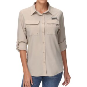 bassdash women's upf 50 long sleeve fishing hiking button down shirt performance quick dry fs21w khaki