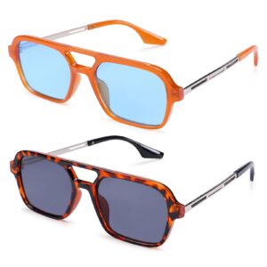 coasion vintage 70s flat aviator small frame sunglasses for women men square metal design uv400 protection shades (orange frame/blue lens +yellow tortoise frame/grey lens)