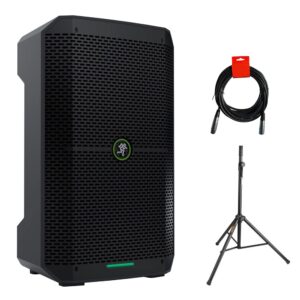 mackie thump go 8" portable bluetooth battery-powered loudspeaker bundle with steel speaker stand and xlr-xlr cable