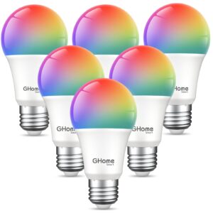 ghome smart light bulbs, a19 e26 color changing led bulb works with alexa, google home, app & voice control, 2.4ghz wifi only, 800 lumens, dimmable rgb warm white 2700k smart home lighting, 6 pack