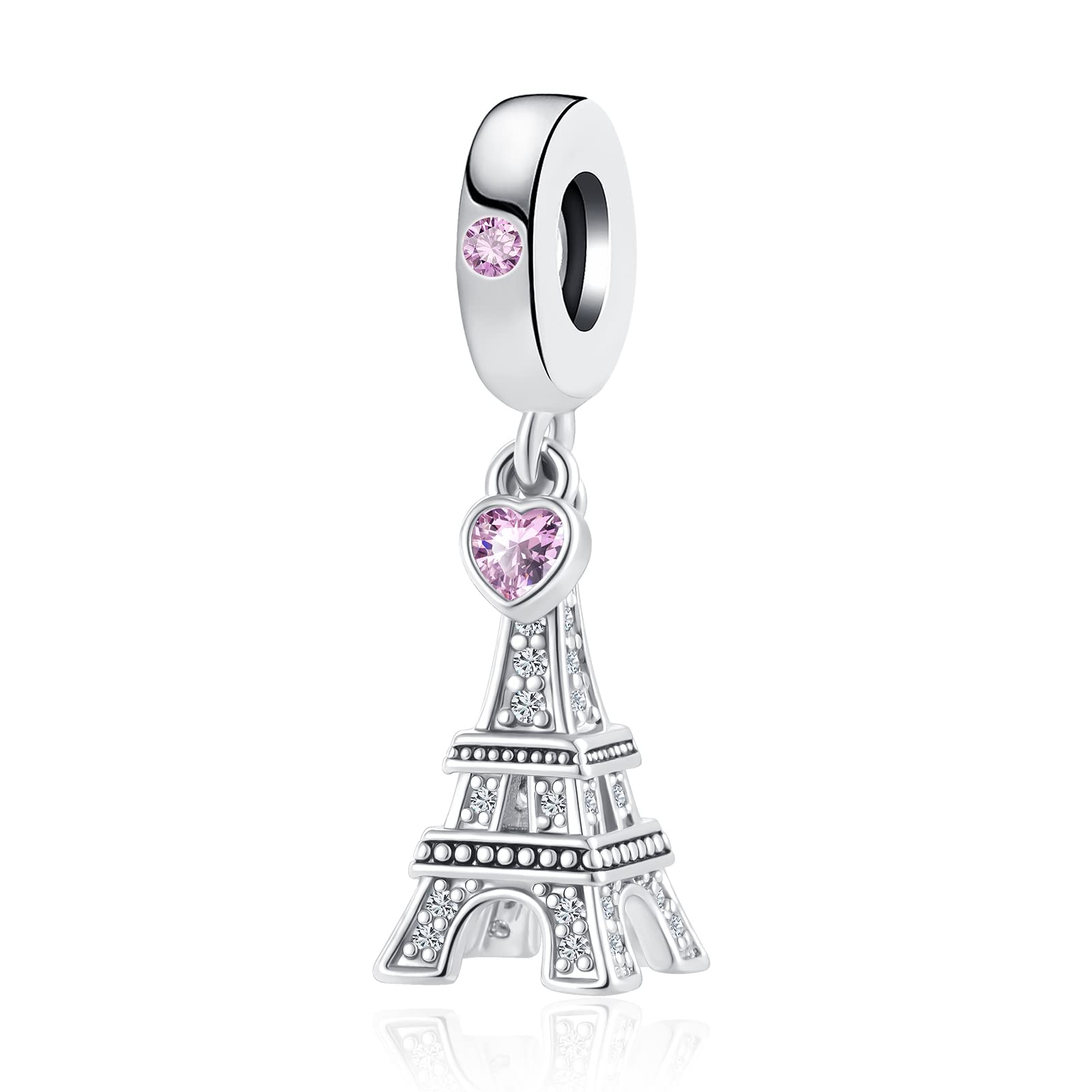 MZC Jewelry Eiffel Tower Love to Travel Charm for European Pandora Bracelets Pink Crystal Heart Dangle Bead for Women Mom Sister Family Holiday