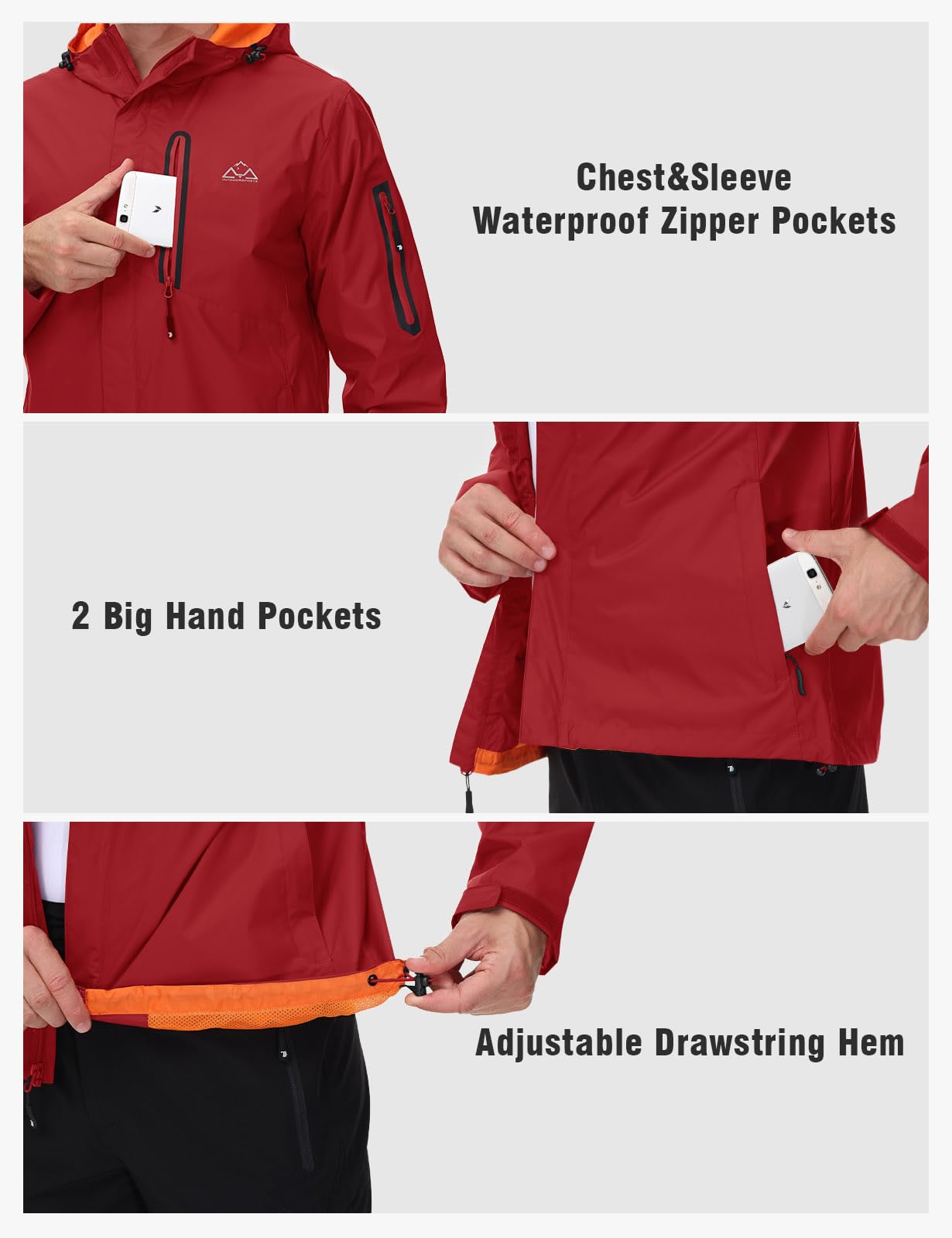 TBMPOY Men's Lightweight Rain Jackets Waterproof Hooded Running Cycling Hiking Raincoat Outdoor Windbreaker Wine Red M