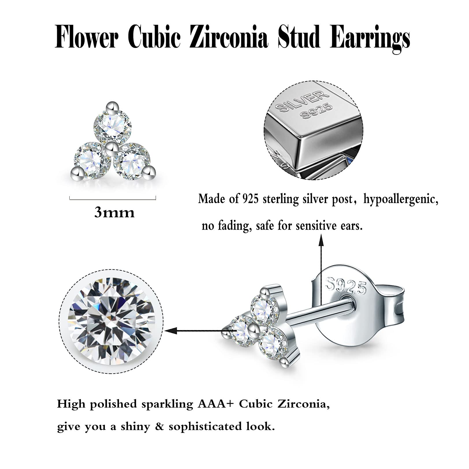 Sterling Silver Stud Earrings for Women Men, 1 Pair Flower Cubic Zirconia Stud Earrings Set | Small Cartilage CZ Hypoallergenic Tragus Piercing Earrings for Teens 3mm