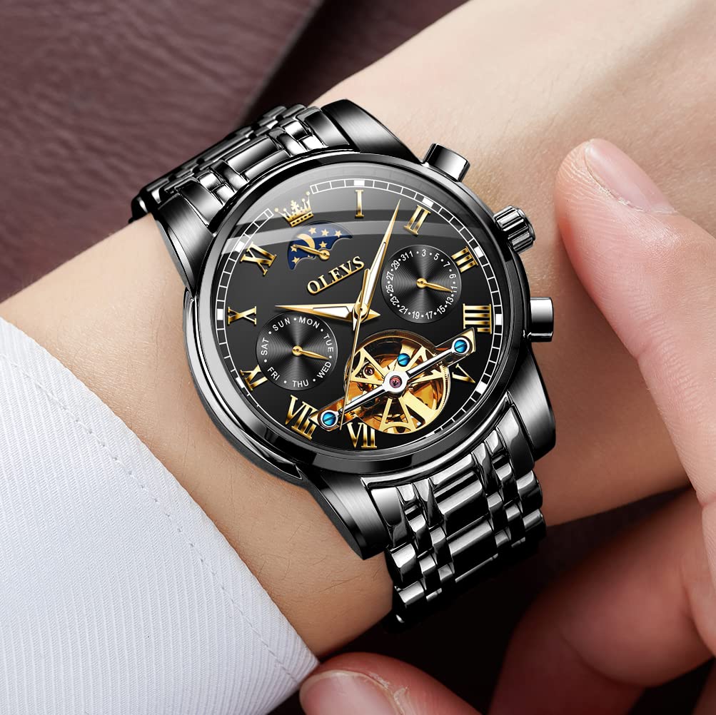 OLEVS Mens Automatic Watches Skeleton Mechanical Self Winding Luxury Fashion Dress Wrist Watch Luminous Waterproof