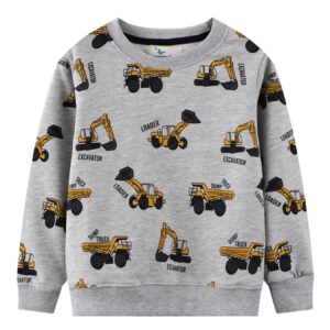 LOKTARC 2 Pack Toddler Boys Sweatshirts Patterned Long Sleeve Pullover Crewneck Tops Shirts Red Dinosaur + Grey Excavator 4-5 Years/Size 5T