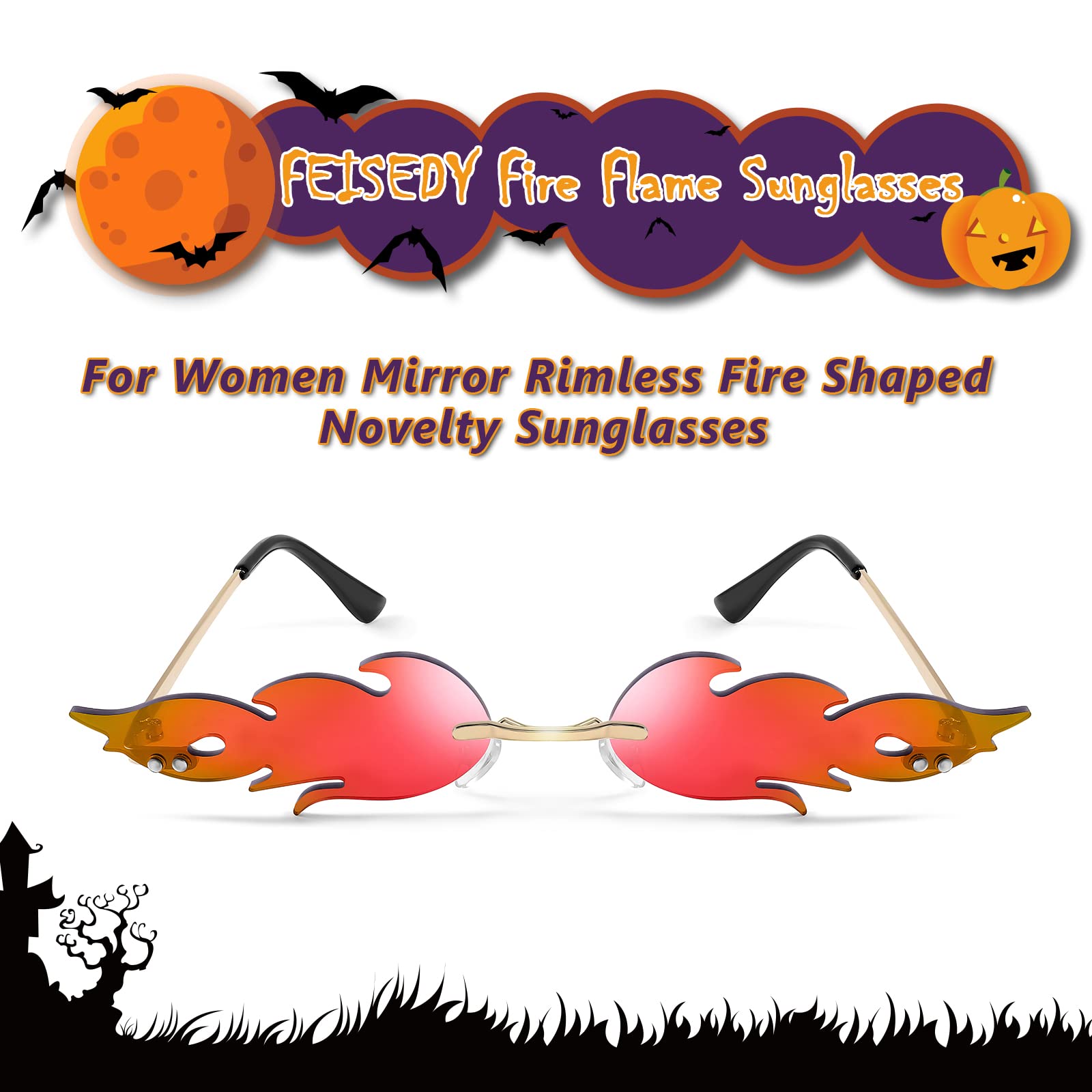 FEISEDY Fire Flame Sunglasses for Women Mirror Rimless Fire Shaped Novelty Sunglasses B2839