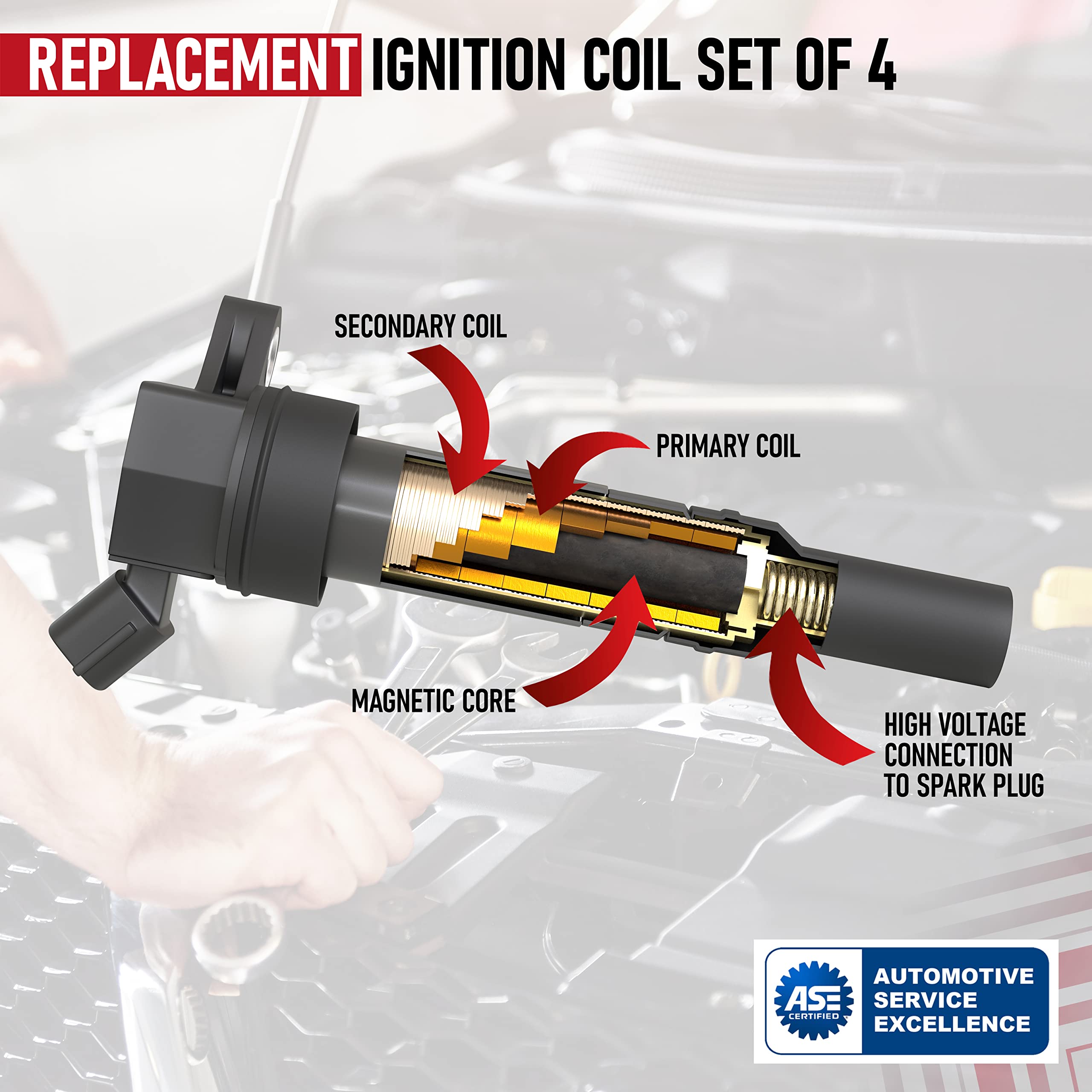 Ignition Coil Pack Set of 4 - Compatible with Hyundai & Kia Vehicles - 1.4L, 1.6L, 1.8L, 2.0L, 2.4L - Elantra, Tucson, Forte, Soul - Replaces UF651, C1804, 27300-2E000, 5C1861, 1788511