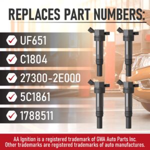 Ignition Coil Pack Set of 4 - Compatible with Hyundai & Kia Vehicles - 1.4L, 1.6L, 1.8L, 2.0L, 2.4L - Elantra, Tucson, Forte, Soul - Replaces UF651, C1804, 27300-2E000, 5C1861, 1788511