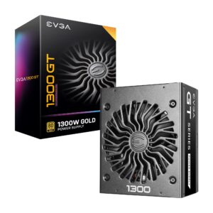 evga 1300 gt, 80 plus gold 1300w, fully modular, eco mode with fdb fan, 100% japanese capacitors, 10 year warranty, includes power on self tester, compact 180mm size, power supply 220-gt-1300-x1