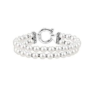 lecalla 925 sterling silver round shell pearl bracelet for women, pearl two strand stretch bracelets