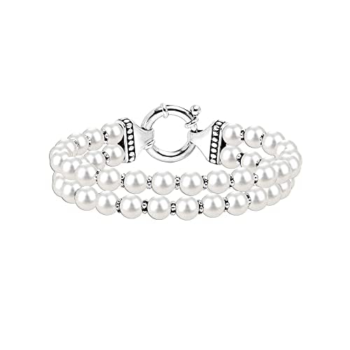 LeCalla 925 Sterling Silver Round Shell Pearl Bracelet for Women, Pearl Two Strand Stretch Bracelets