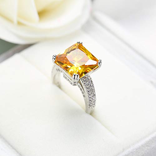 Sdouefos 14K Gold Plated 925 Sterling Silver Cubic Zirconia Super Huge Genuine Yellow Topaz Gemstone Woman Silver Wedding Ring Size 6-10(9)