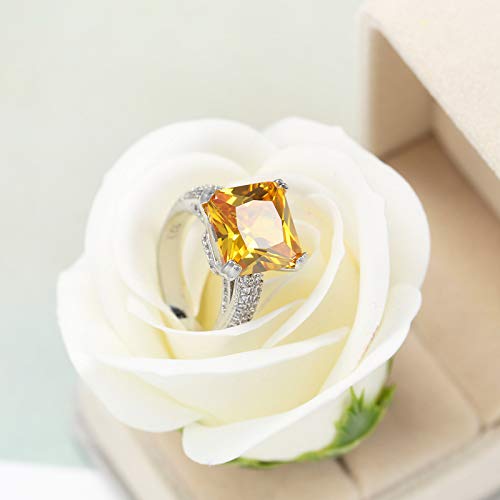 Sdouefos 14K Gold Plated 925 Sterling Silver Cubic Zirconia Super Huge Genuine Yellow Topaz Gemstone Woman Silver Wedding Ring Size 6-10(9)