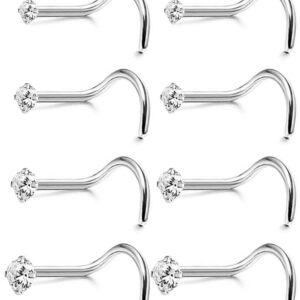 Vitaltyextracts Nose Stud Corkscrew Nose Rings 20g Hypoallergenic Surgical Steel Nose Ring Fake Nose Piercing kit Cubic Zirconia Clear Nose Studs