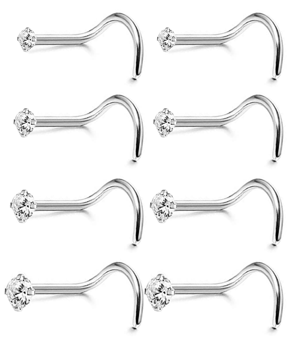 Vitaltyextracts Nose Stud Corkscrew Nose Rings 20g Hypoallergenic Surgical Steel Nose Ring Fake Nose Piercing kit Cubic Zirconia Clear Nose Studs