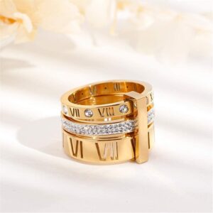 YIKOXI Stainless Steel Zirconia Rings for Women Roman Numeral 3 in 1 Spinner Gold Weeding Ring Band (Inlaid zirconia-gold, 9)