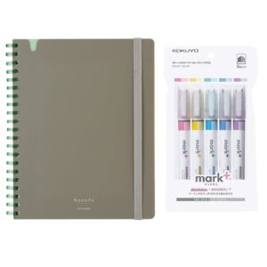 kokuyo. kokuyo soft ring notebook in sooofa in b6 4mm grid 80 sheets warm gray and mark⁺ two colors highlighter of similar shades 5-pack (pink,blue,green,purple and yellow) set