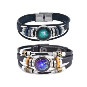 zodiac pisces constellation bracelet handmade woven multilayer zodiac sign leather wrap bracelet wristband for women men jewelry gift 2pcs set