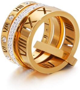 yikoxi stainless steel zirconia rings for women roman numeral 3 in 1 spinner gold weeding ring band (inlaid zirconia-gold, 9)