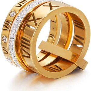 YIKOXI Stainless Steel Zirconia Rings for Women Roman Numeral 3 in 1 Spinner Gold Weeding Ring Band (Inlaid zirconia-gold, 9)