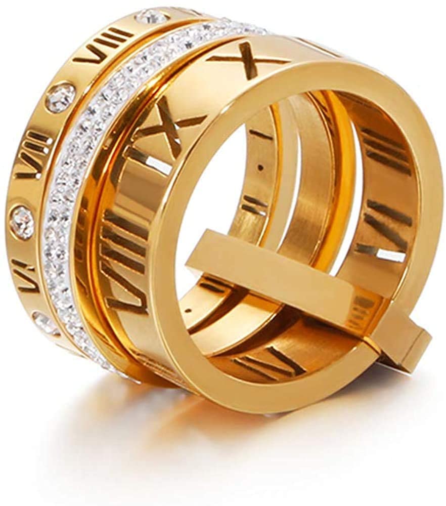 YIKOXI Stainless Steel Zirconia Rings for Women Roman Numeral 3 in 1 Spinner Gold Weeding Ring Band (Inlaid zirconia-gold, 9)