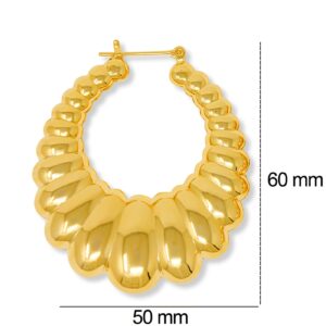 Pnk Trend Gold Plated Scalloped Hoop Earrings for Women-Oval Shaped Shrimp Puffy Hollow Hoop Door Knocker Domestic Earrings 40 mm/ 1.5 inch, Made in USA w/Jewelry Box