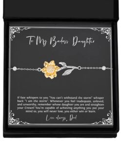 to my badass daughter bracelet from dad, 925 sterling silver bracelet with 14k gold sunflower charm, daughter gift from dad, gifts for daughters from dad, birthday present for teen girls