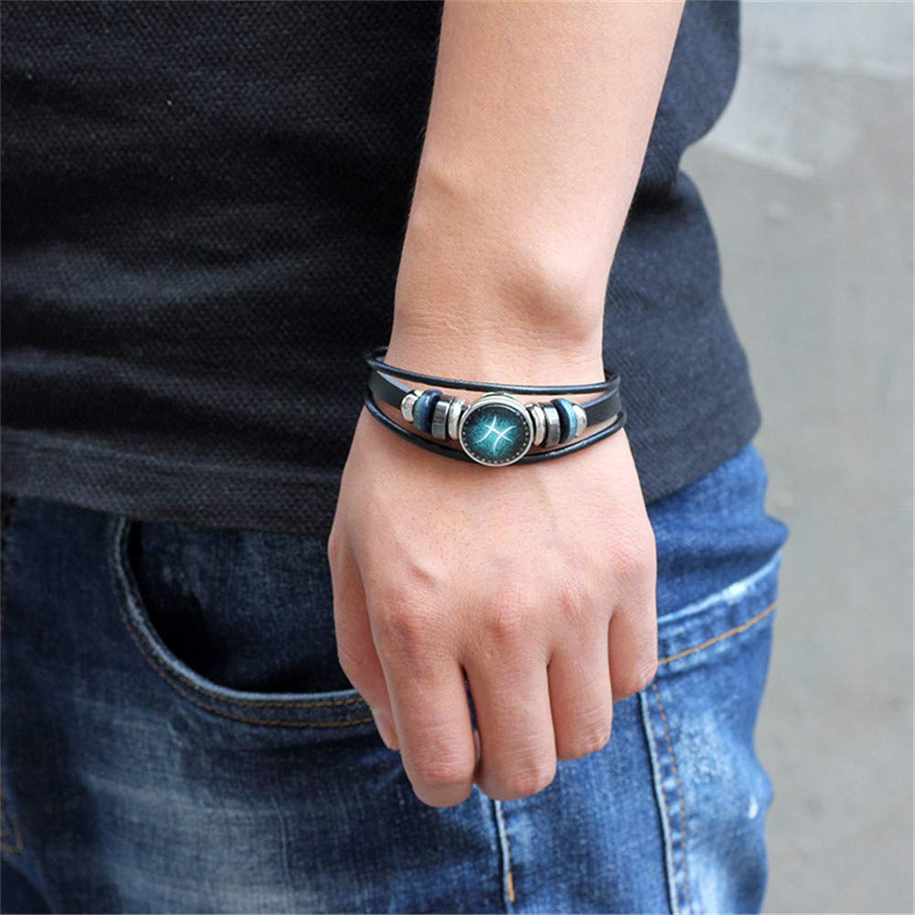 Zodiac Pisces Constellation Bracelet Handmade Woven Multilayer Zodiac Sign Leather Wrap Bracelet Wristband for Women Men Jewelry Gift 2Pcs Set