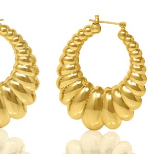 Pnk Trend Gold Plated Scalloped Hoop Earrings for Women-Oval Shaped Shrimp Puffy Hollow Hoop Door Knocker Domestic Earrings 40 mm/ 1.5 inch, Made in USA w/Jewelry Box